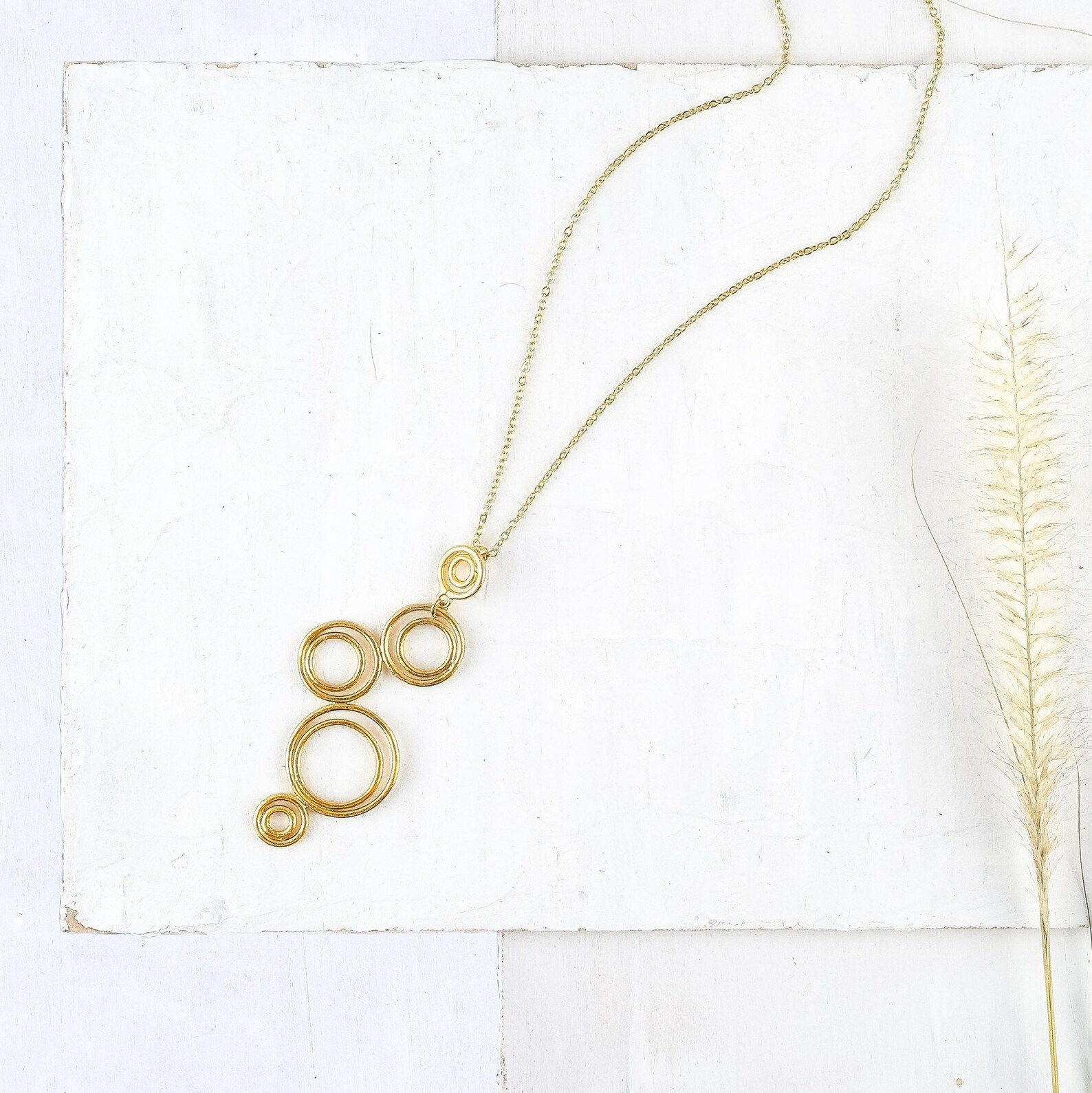 Long Gold Pendant Necklace, Circles Necklace, Golden Geometric Pendant ...