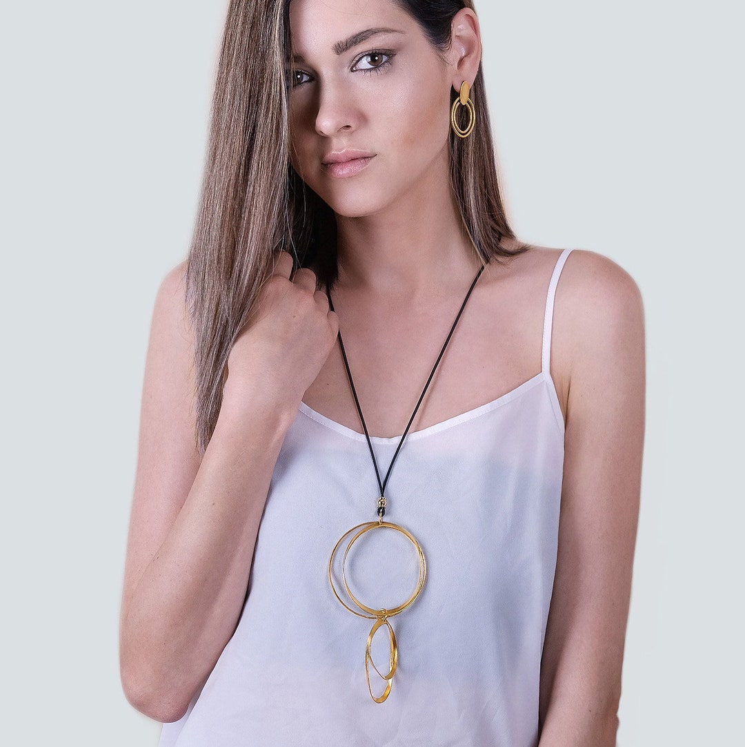 Long Gold Statement Pendant, Gold and Black Statement Necklace, Circle ...