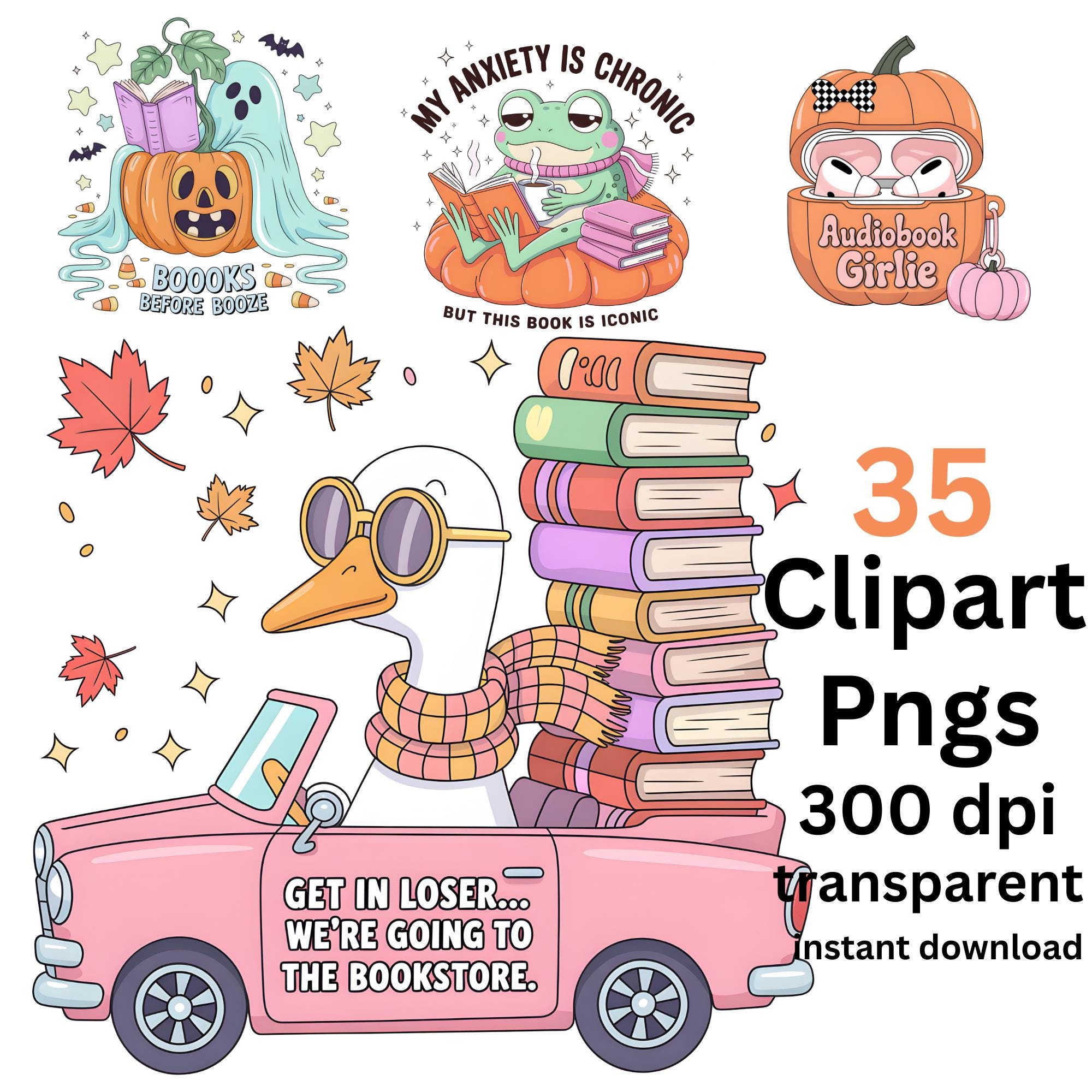 Bookish Fall Clipart PNG Bundle | Autumn Bookish Cozy Stickers | Retro ...