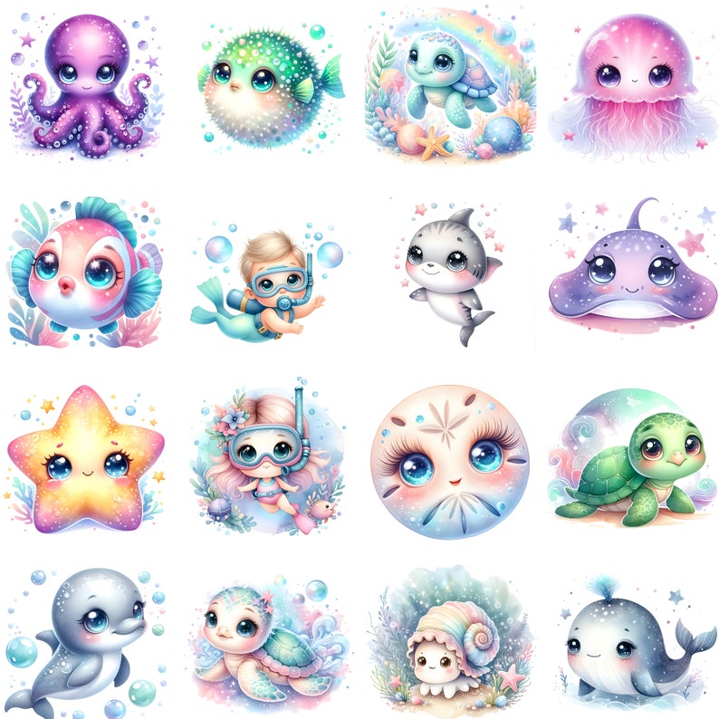 Cute Under the Sea Clip Art, Shark PNG, Jellyfish Wall Art, Digital ...