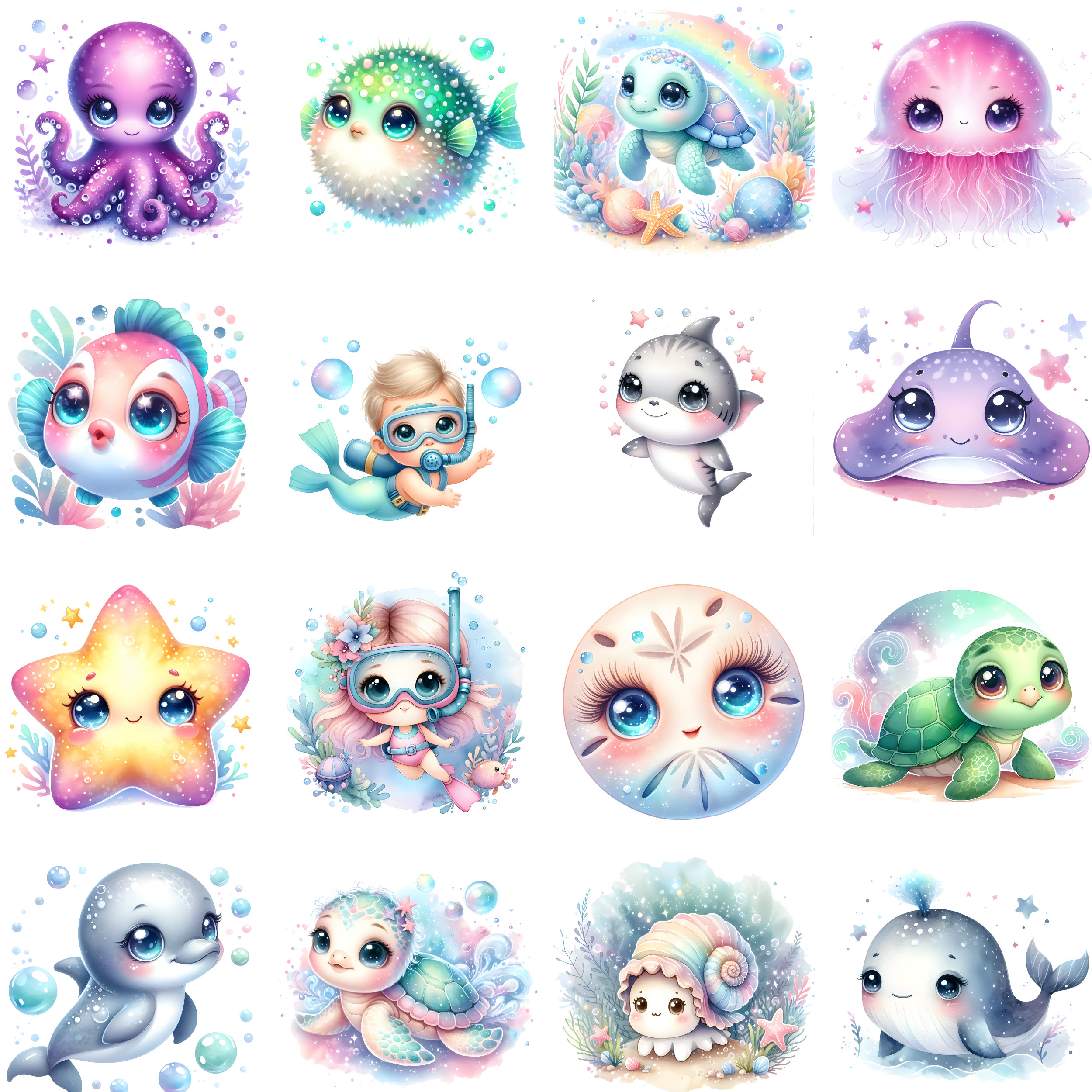 Cute Under the Sea Clip Art, Shark PNG, Jellyfish Wall Art, Digital ...