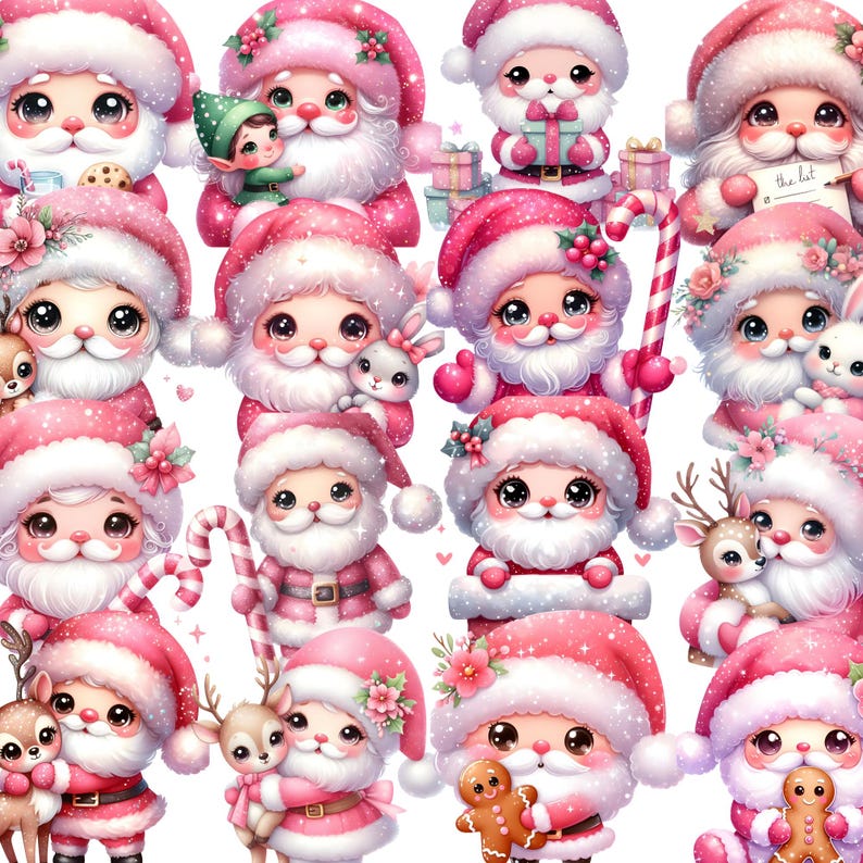 Sweet Santas Clip Art, Cute Santa Clipart, Pink Santa's Clipart, Pink ...