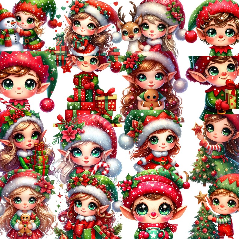 Christmas Elves Clip Art, Cute Elves Clipart, Sparkly Elves Clipart ...