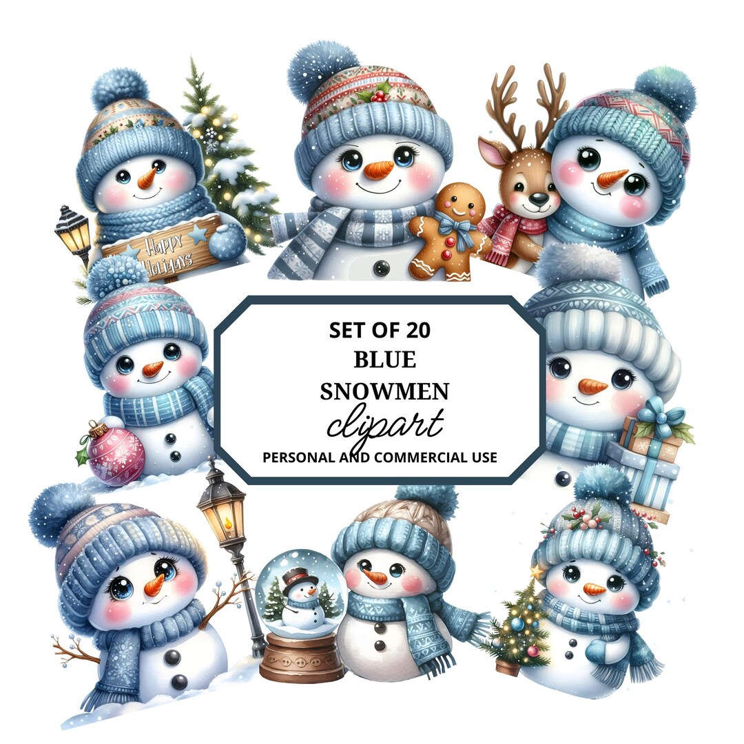 CU Blue Snowman Clipart Bundle, Christmas Snowman Clipart, Digital ...