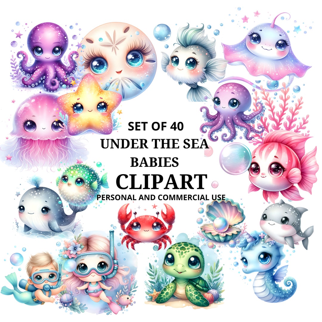 Cute Under the Sea Clip Art, Shark PNG, Jellyfish Wall Art, Digital ...