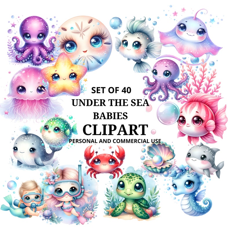 Cute Under the Sea Clip Art, Shark PNG, Jellyfish Wall Art, Digital ...