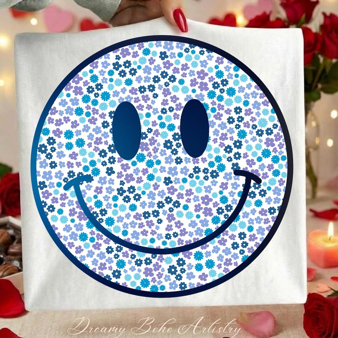 Blue Floral Smiley PNG | Flower Power Smiley Face | Spring Sublimation ...