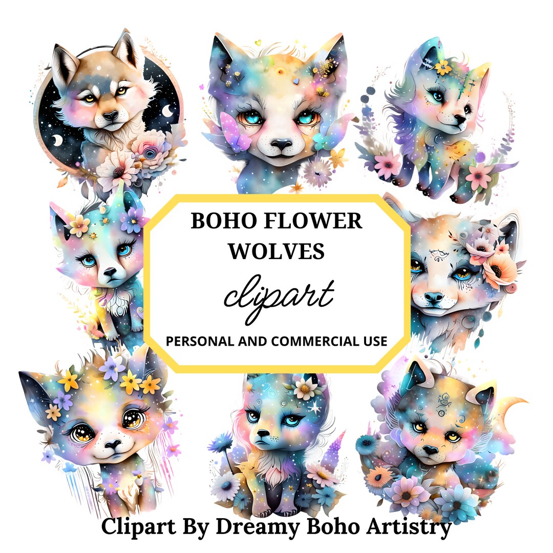 Watercolor Floral Wolves Clip Art, Floral Wolf PNG, Watercolor Wolf PNG ...