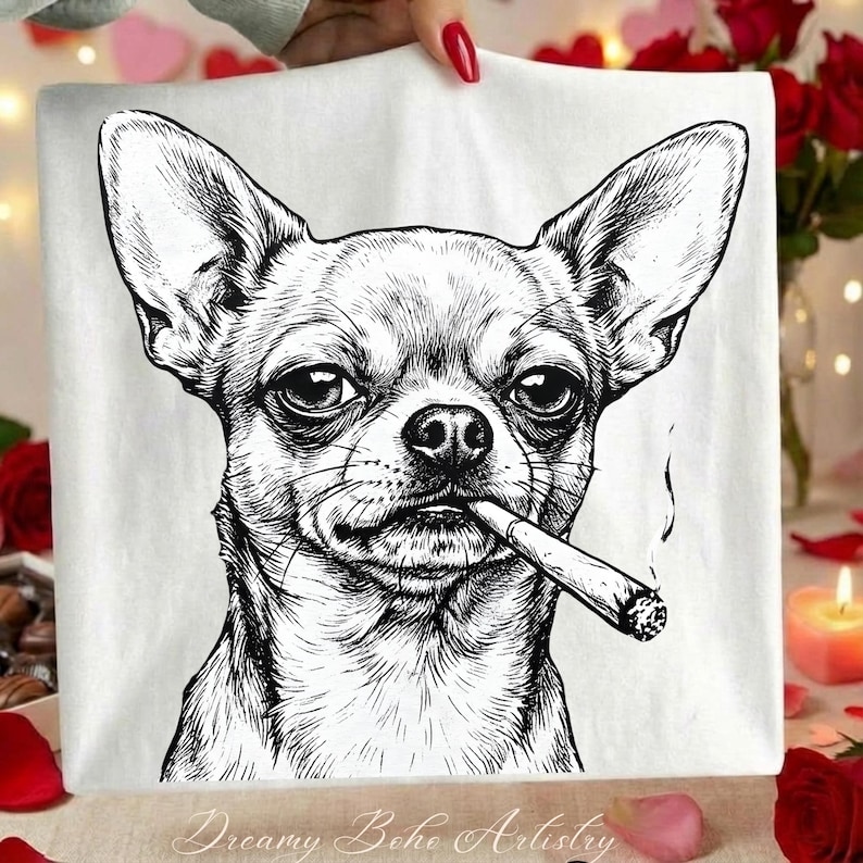 Chihuahua Smoking PNG | Edgy Dog Clipart | Vintage Engraved Dog ...