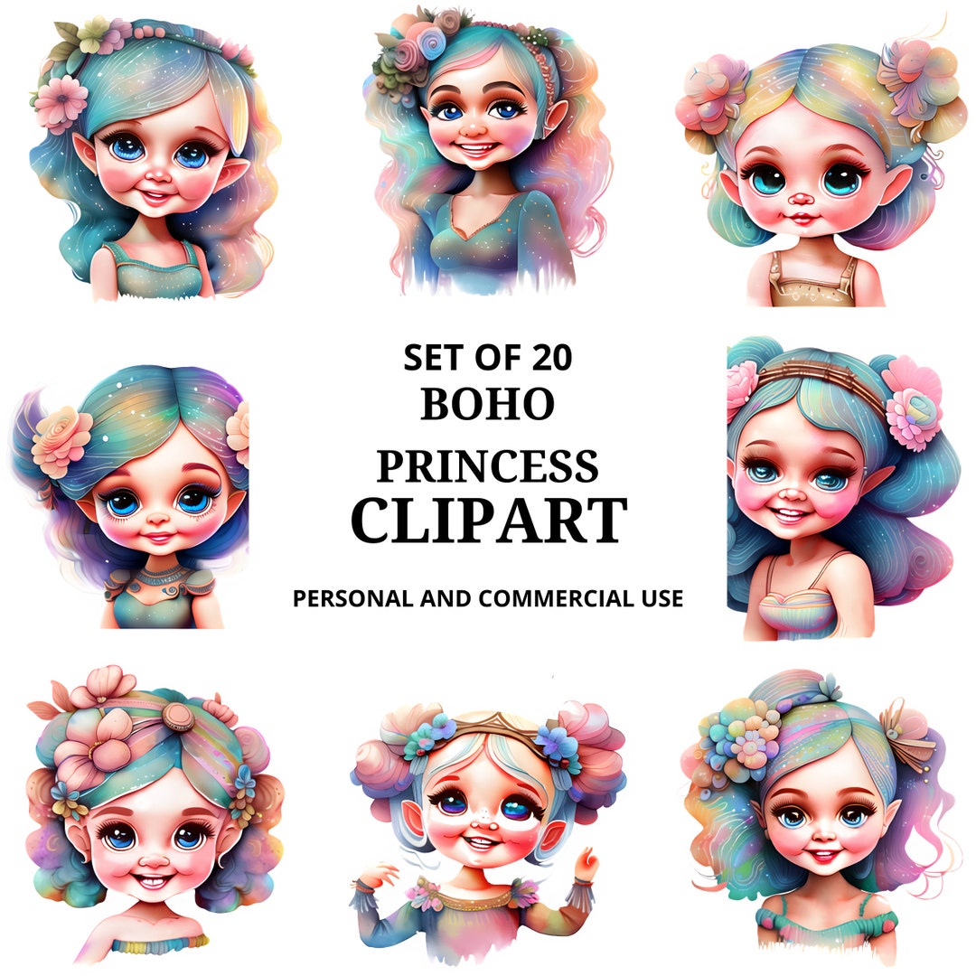 Floral Boho Princess Clip Art, Floral Boho Princess PNG, Watercolor ...