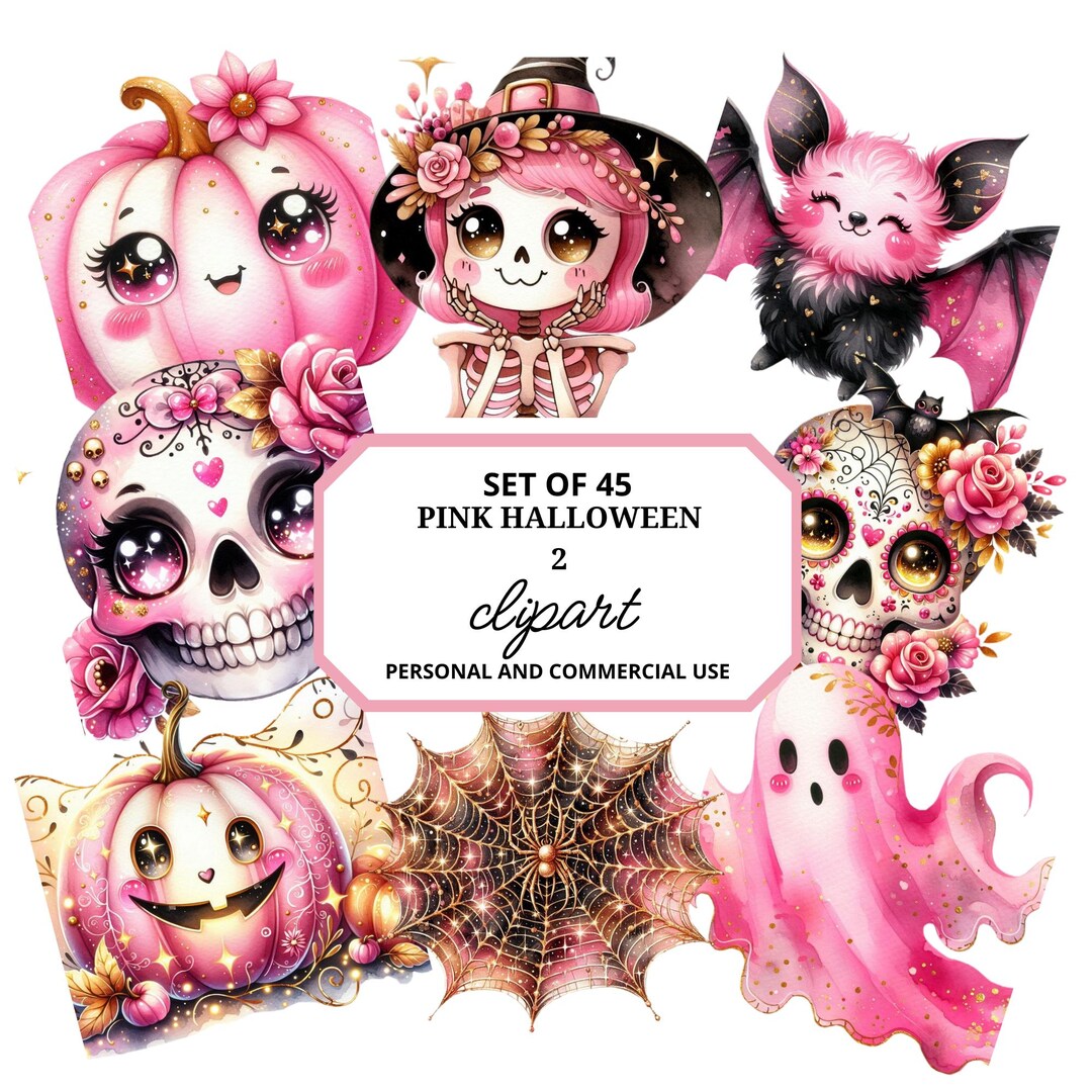 Adorable CU Pink Halloween Clip Art,clipart Png,watercolor Halloween ...
