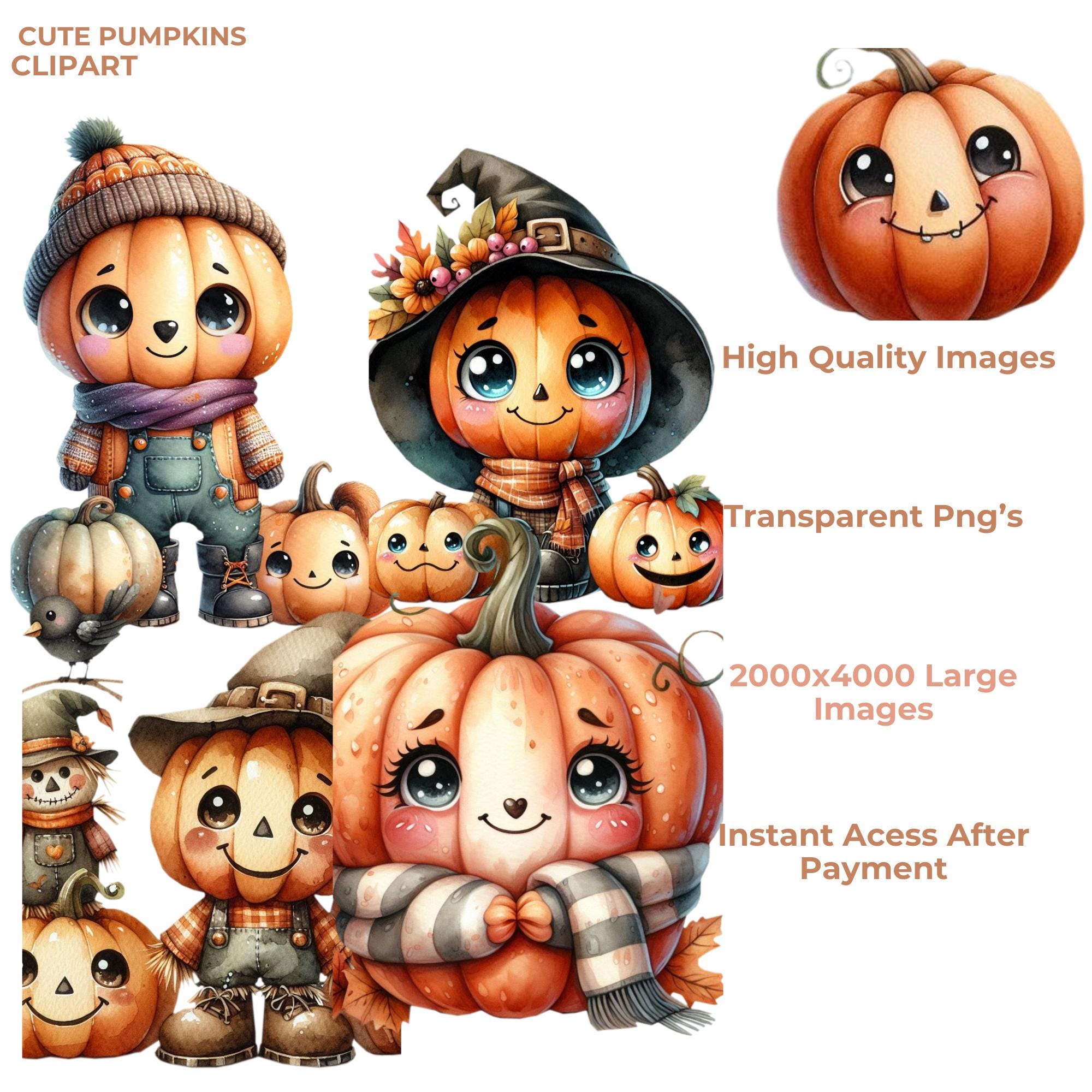 Watercolor CU Cute Pumpkins Clip Art, Adorable Pumpkin Png, Digital ...