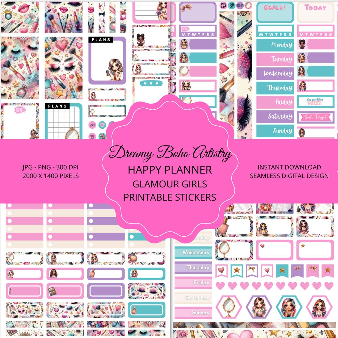 Happy Planner Printable Stickers, Colorful, Cute Glamour Girls Planner ...