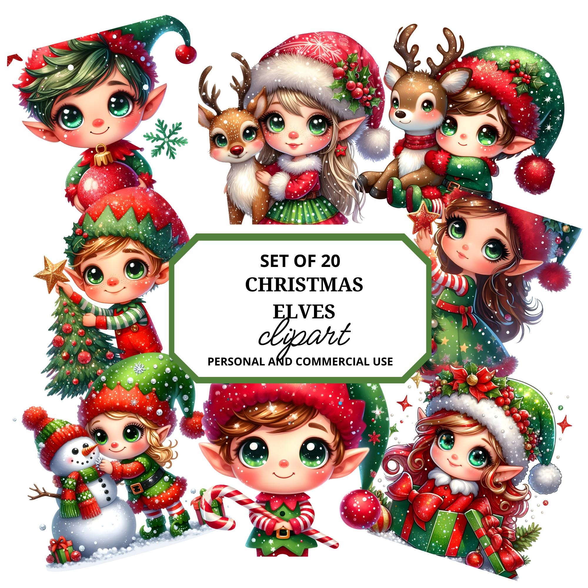 Christmas Elves Clip Art, Cute Elves Clipart, Sparkly Elves Clipart ...