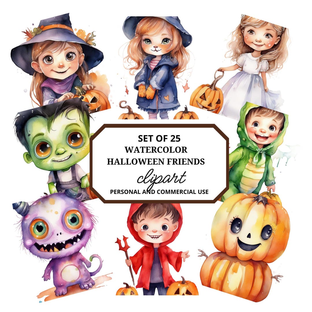 Adorable Halloween Friends Clip Art, Trick-or-treat Png, Watercolor ...