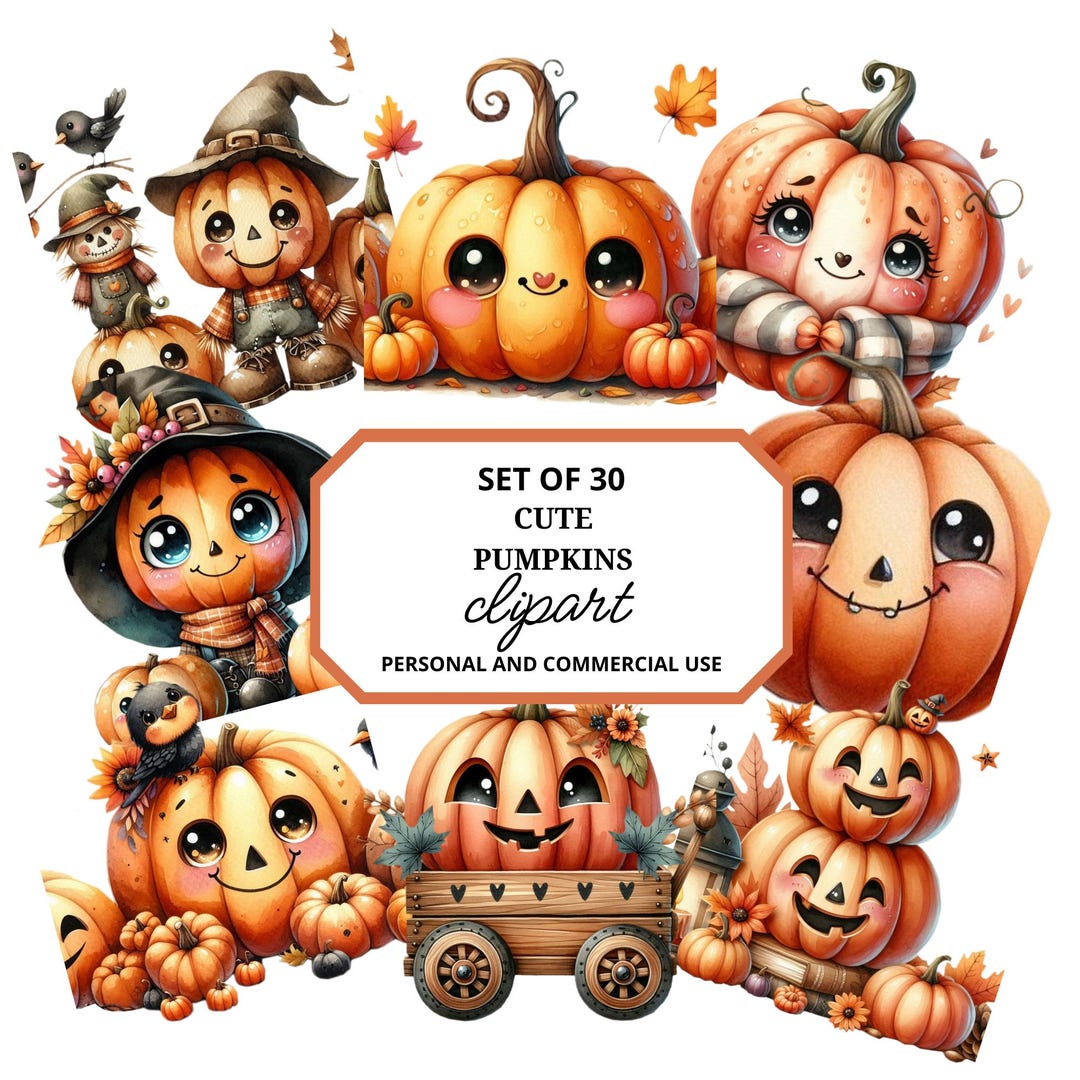 Watercolor CU Cute Pumpkins Clip Art, Adorable Pumpkin Png, Digital ...