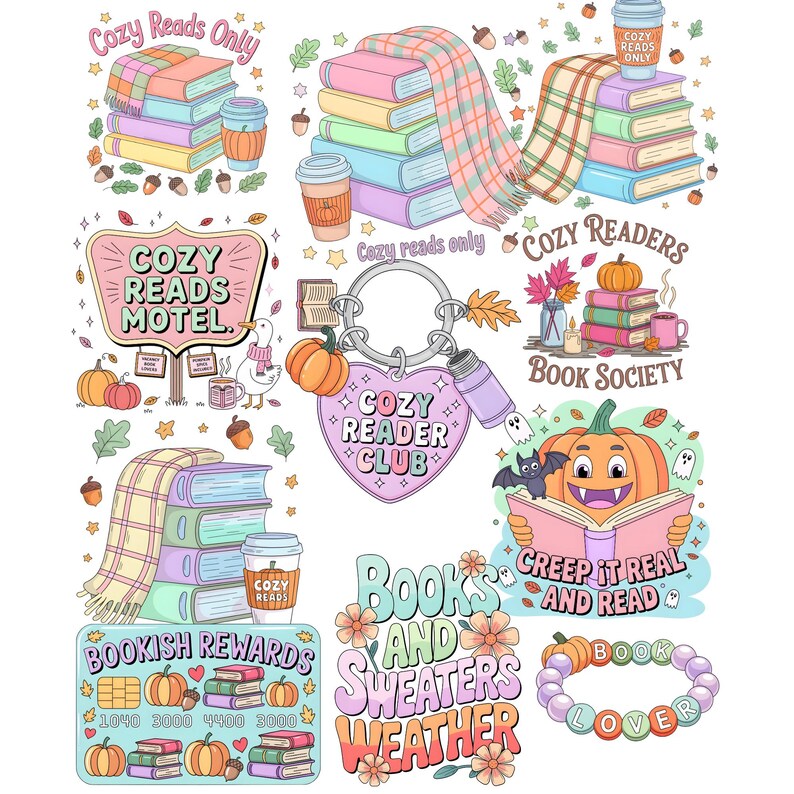 Bookish Fall Clipart PNG Bundle | Autumn Bookish Cozy Stickers | Retro ...