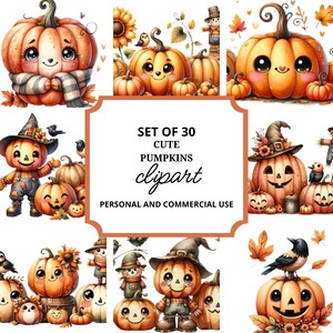 Watercolor CU Cute Pumpkins Clip Art, Adorable Pumpkin Png, Digital ...
