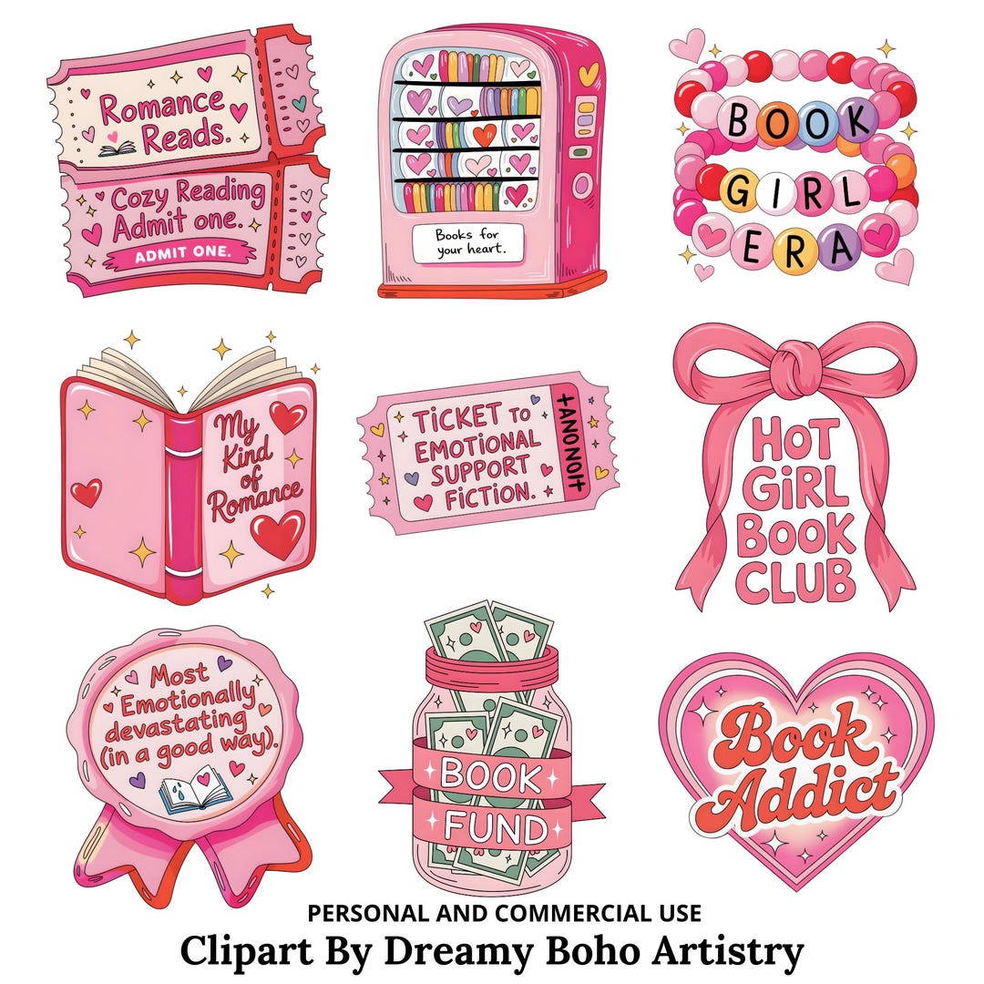 Booktok Clipart PNG Bundle | Romance Reading Stickers | Pink Book Lover ...
