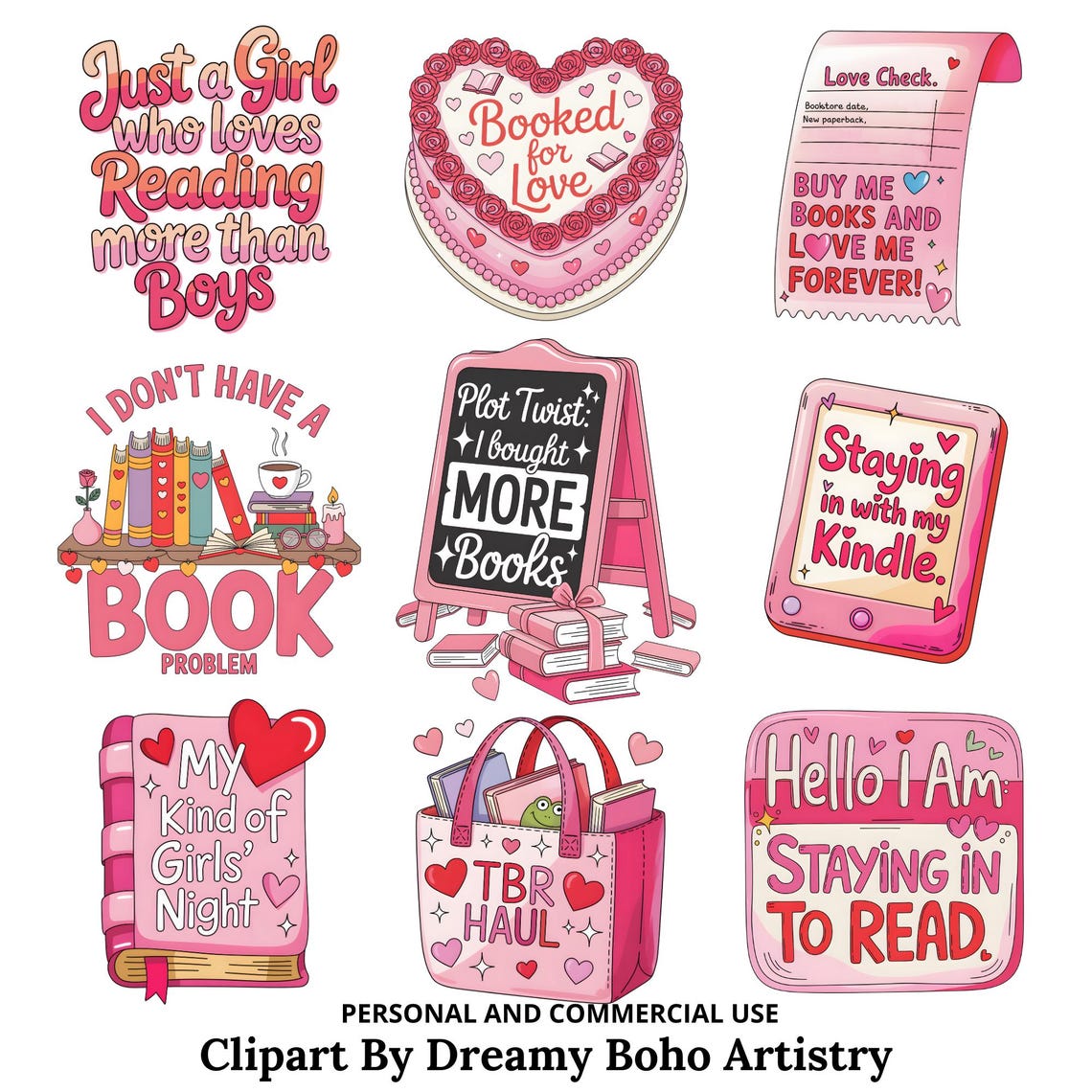 Booktok PNG Bundle | Romance Reading Stickers | Pink Book Lover Clip ...