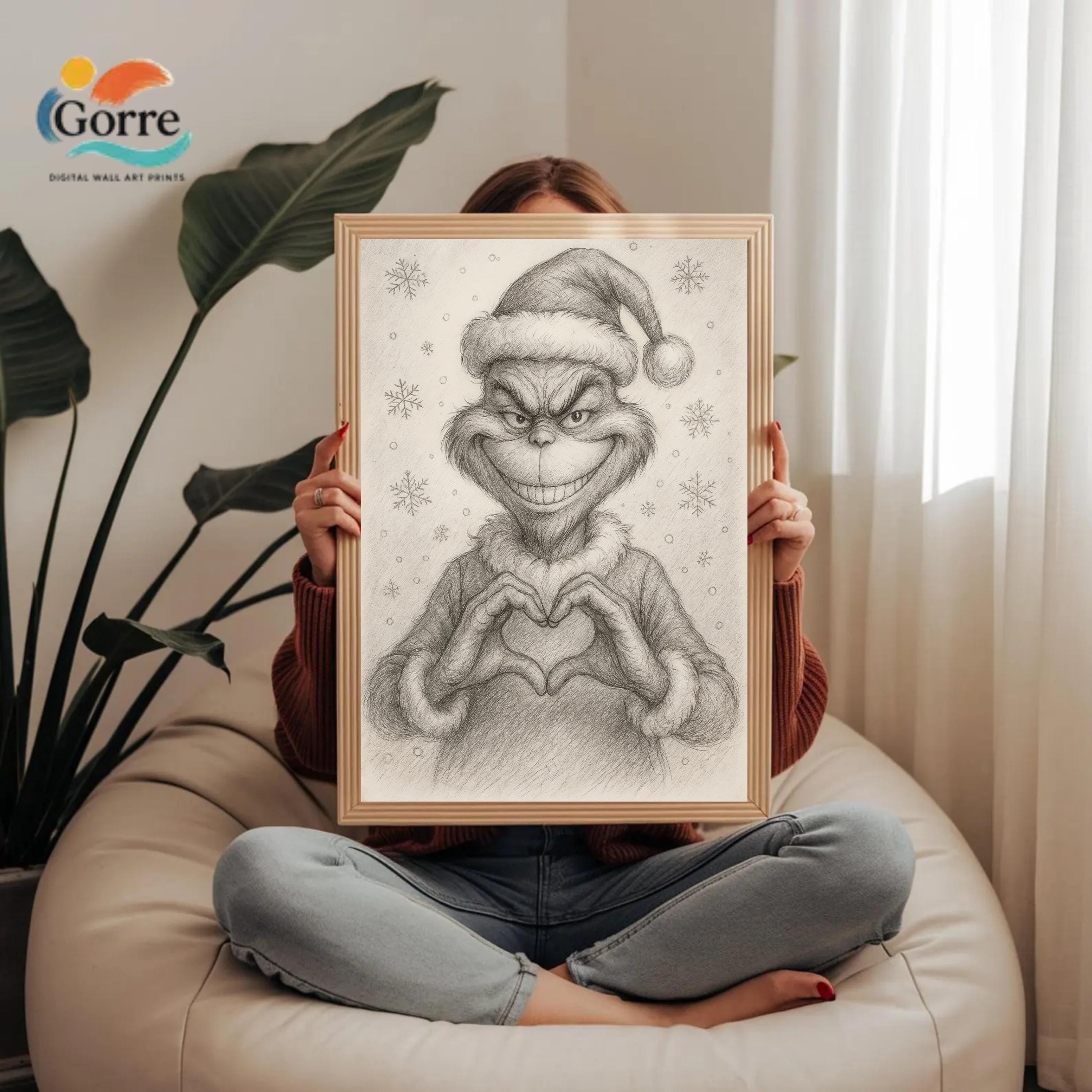 Grinch Christmas Art | Hand-drawn Grinch With Heart Gesture | Holiday ...
