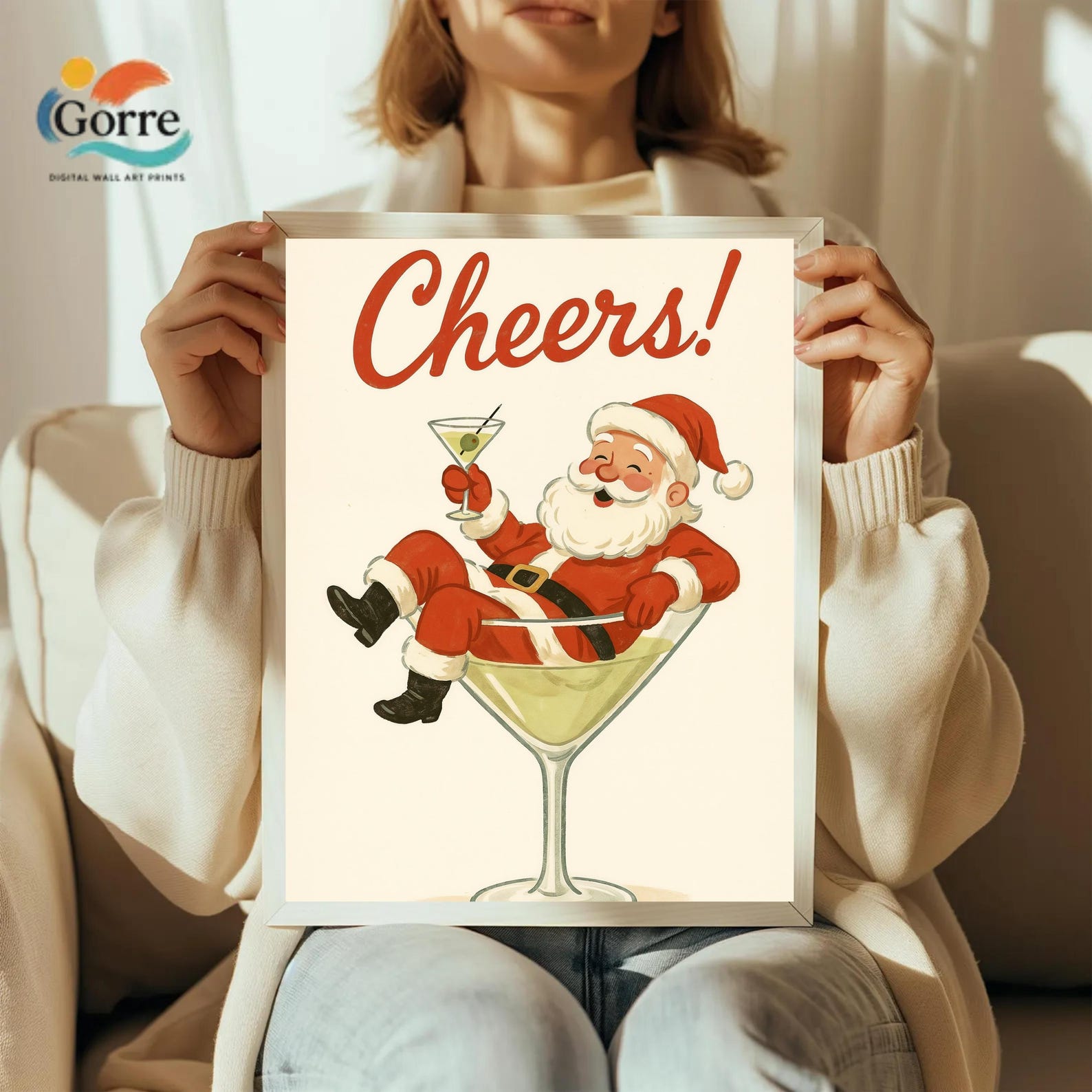 Vintage Santa Cheers Martini Glass Print | Retro Holiday Wall Art ...