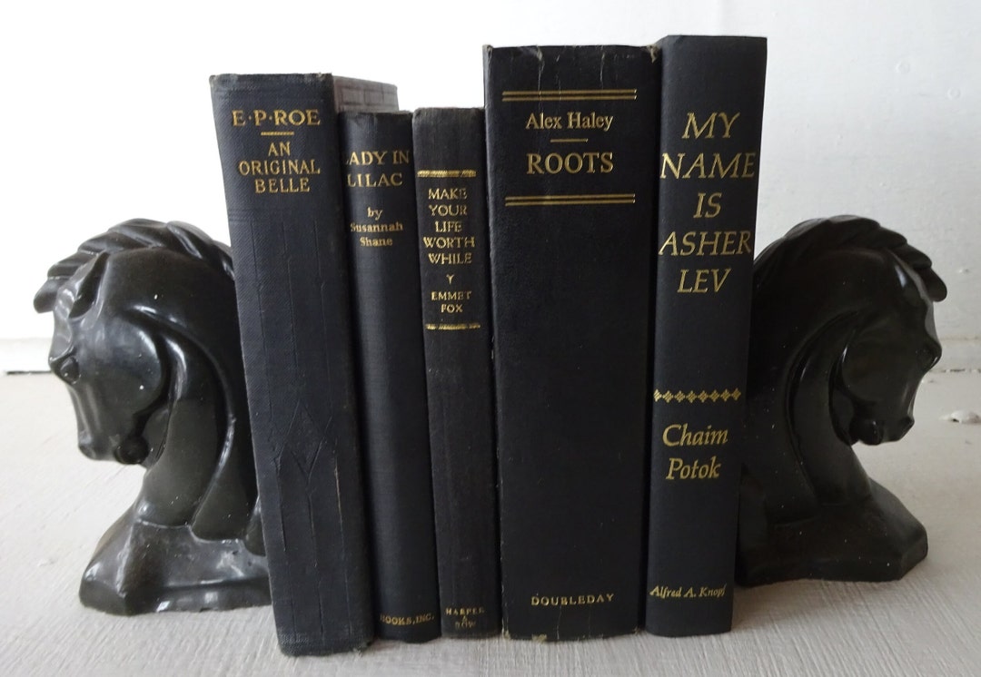 Vintage Book Stack, Black Book Decor, Gold Lettering, 5 Decorative ...