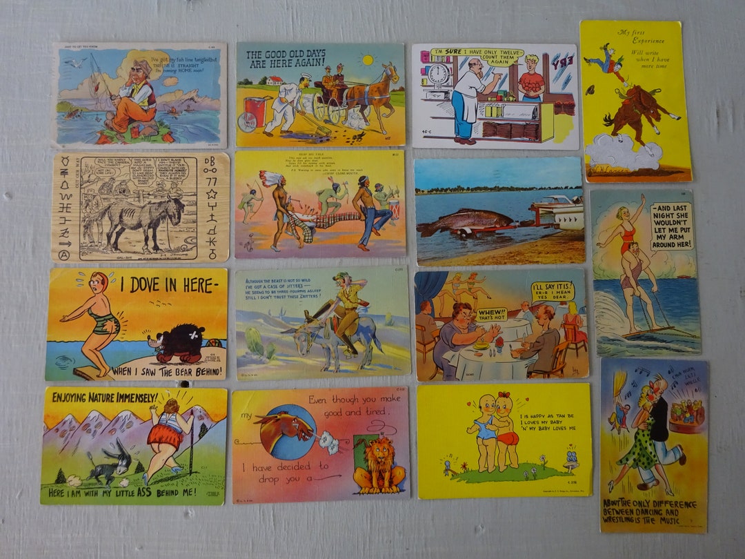 Vintage Post Cards, Humorous Cards, Raunchy, Sexist, 15 Cards, Linen ...