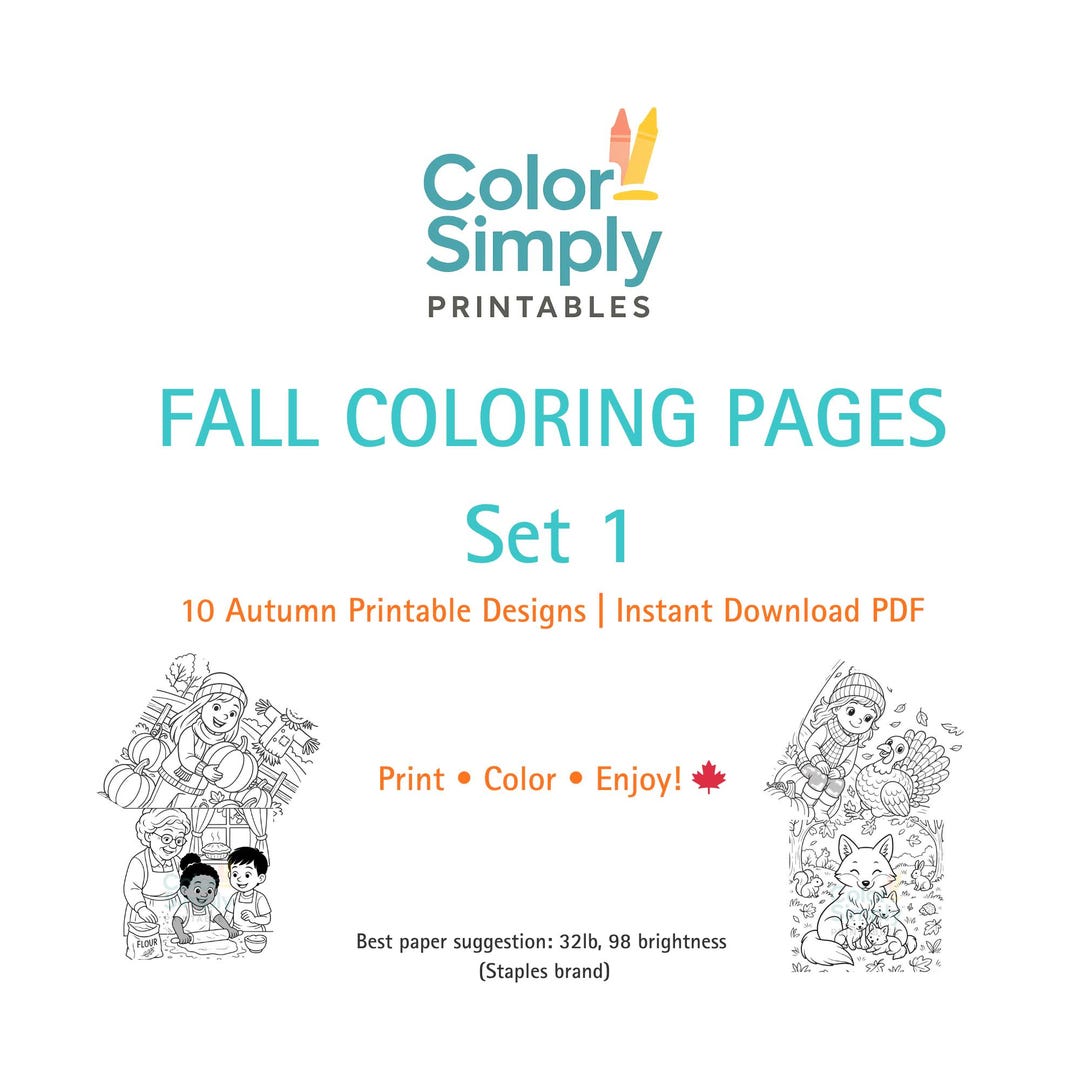Fall Coloring Pages – Set 1 | 10 Autumn Printable Designs | Instant ...