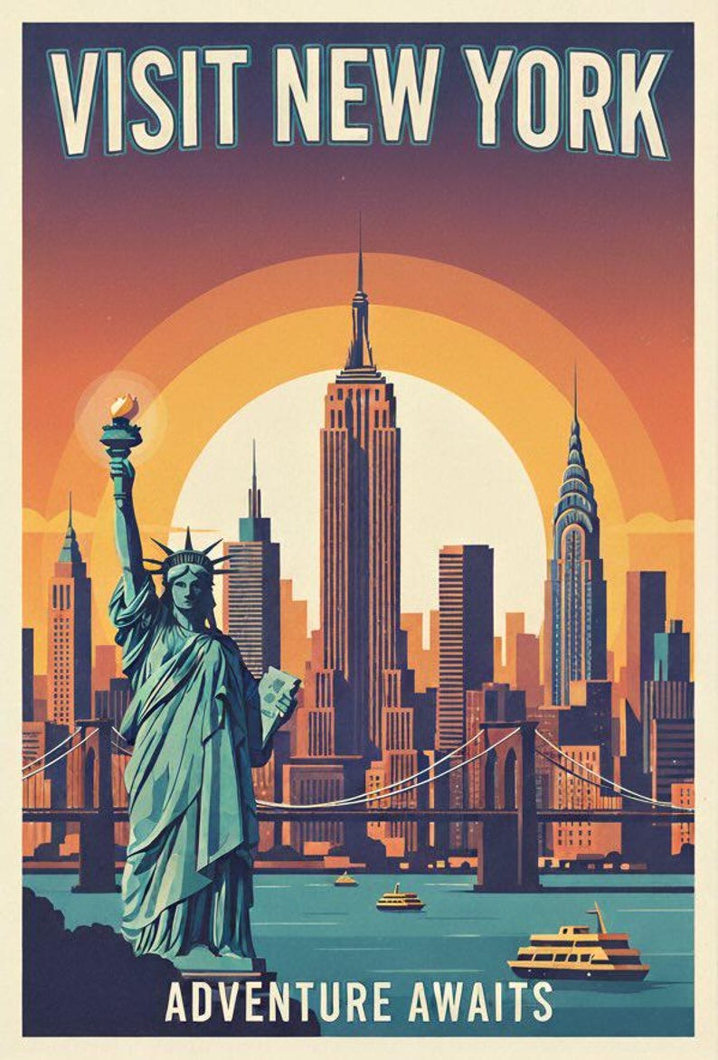 Vintage New York City Travel Poster Print - Empire State & Statue of ...