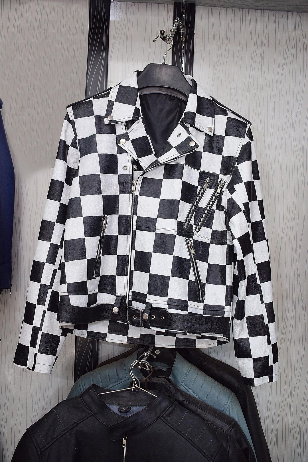 Men's Black & White Prison Style Leather Jacket Fully Lined - Etsy UK