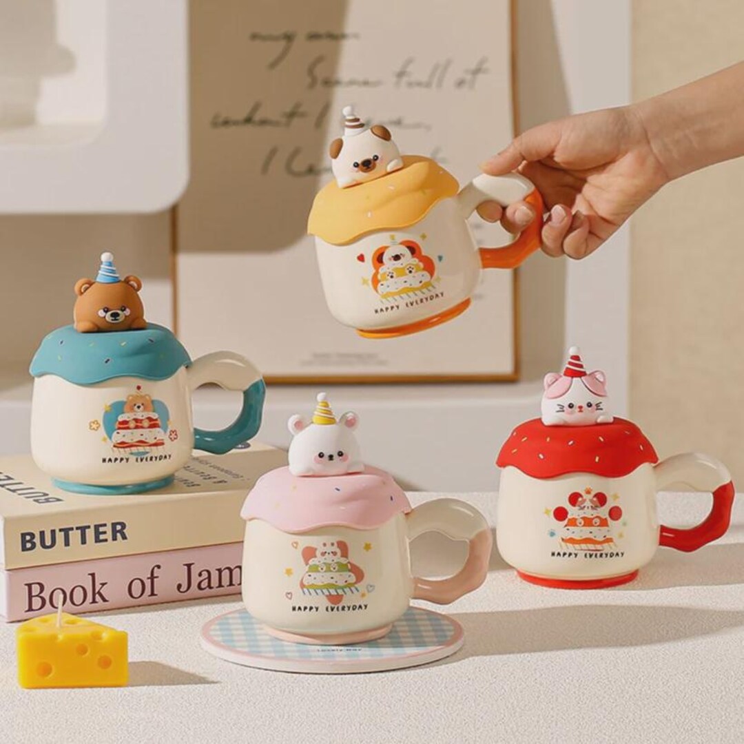 Cute Animal Ceramic Mug With Lid | Kawaii Bear Cat Bunny Mug ...