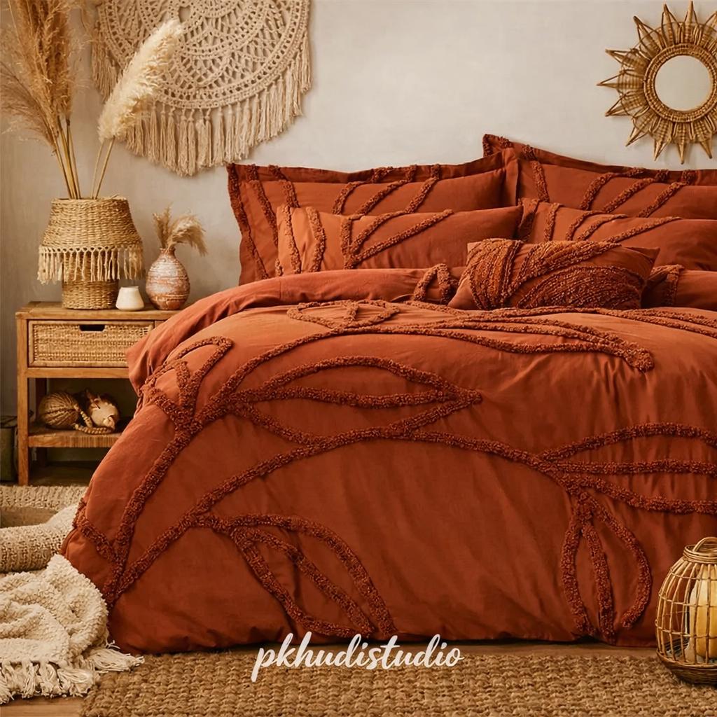 Rust Boho Tufted Duvet Cover , Textured Cotton Bedding, Bohemian ...