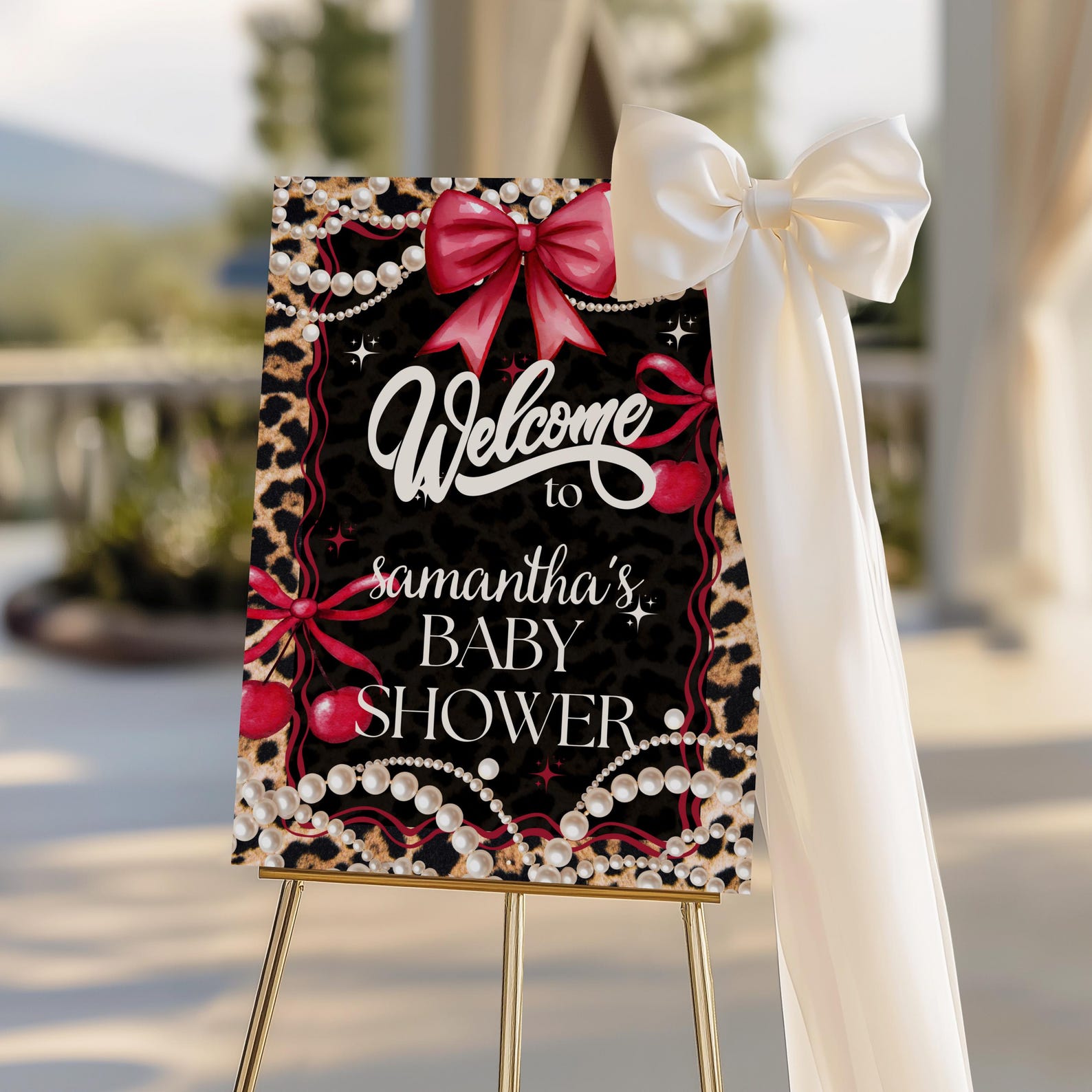 Cheetah Cherry Baby Shower Welcome Sign, Pink Leopard Baby Shower ...