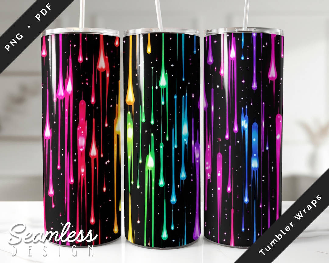 Neon Drip Tumbler Wrap • Rainbow Paint Drips Design • Seamless Glow ...