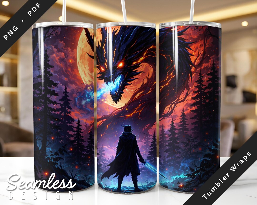 Dark Fantasy Dragon Tumbler Wrap PNG PDF, Epic Warrior 20oz Skinny ...