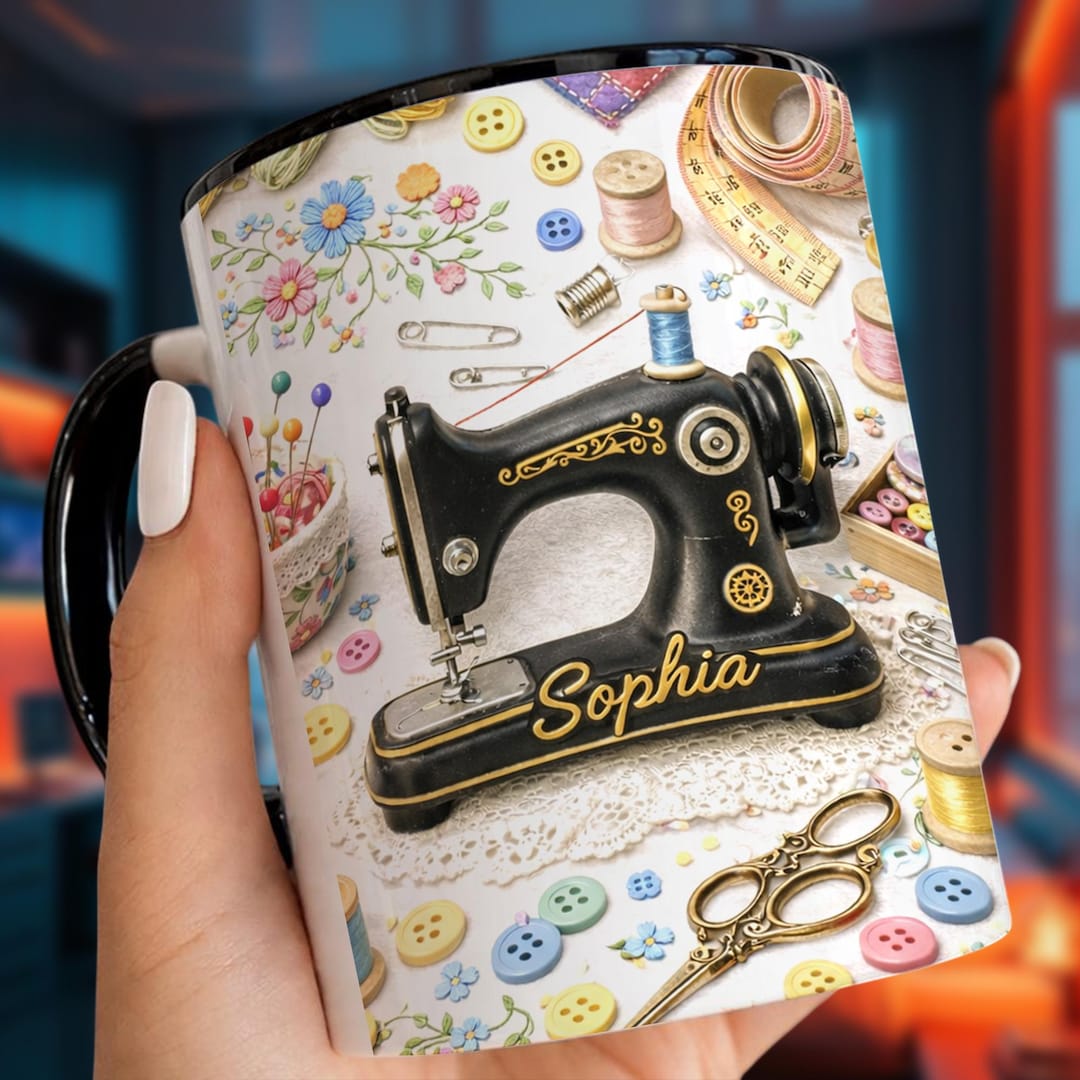 Personalized Sewing Machine Mug, Custom Name Sewing Mug, Seamstress ...