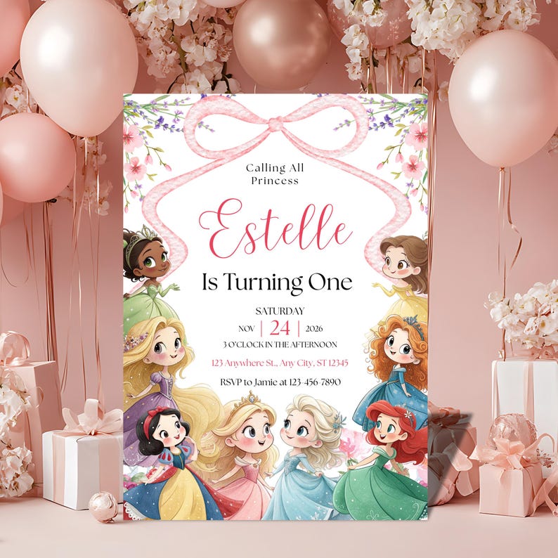 Editable Princess Birthday Invitation, Girl Theme, Canva Template ...