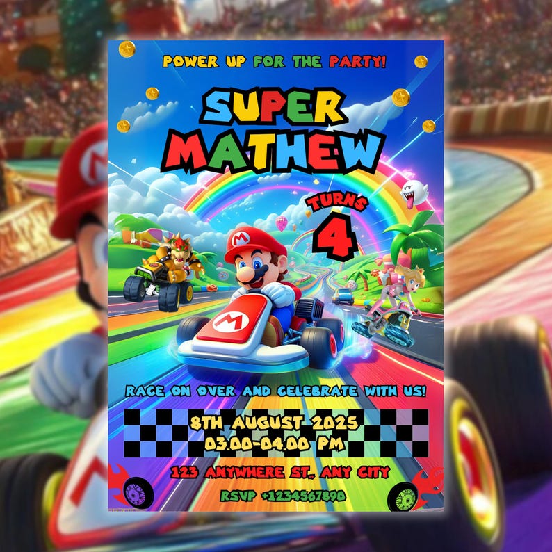 Mario Kart Birthday Invitation Template – Editable Canva Party Invite ...