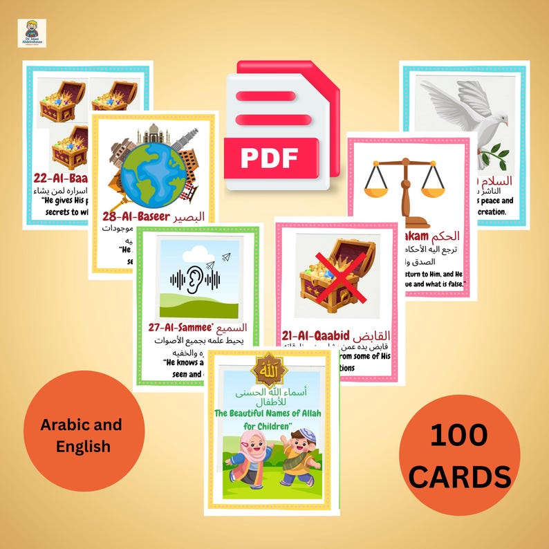 100 Names of Allah Cards for Kids | Arabic & English | Illustrated ...