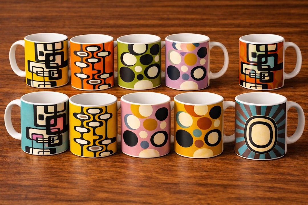 Mid Century Modern Coffee Mug Set, Retro Geometric Design - Etsy