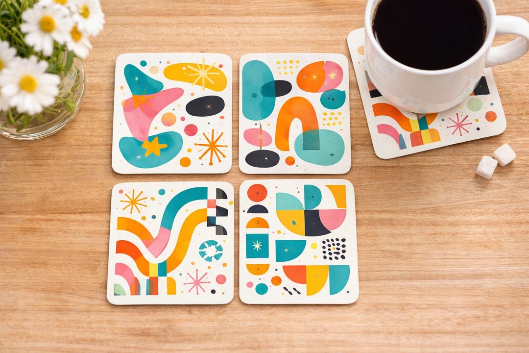 Mid-century Modern Abstract Coaster Set of 4 – Bright Retro Design - Etsy