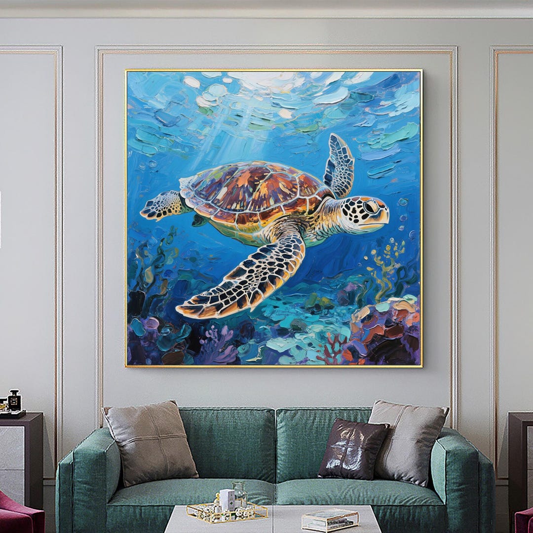 Original Hand Painted Sea Turtle Oil Painting, Ocean Artwork on Canvas ...