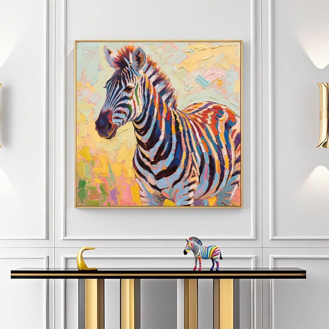 Original Hand Painted Colorful Zebra Oil Painting, Large Textured ...