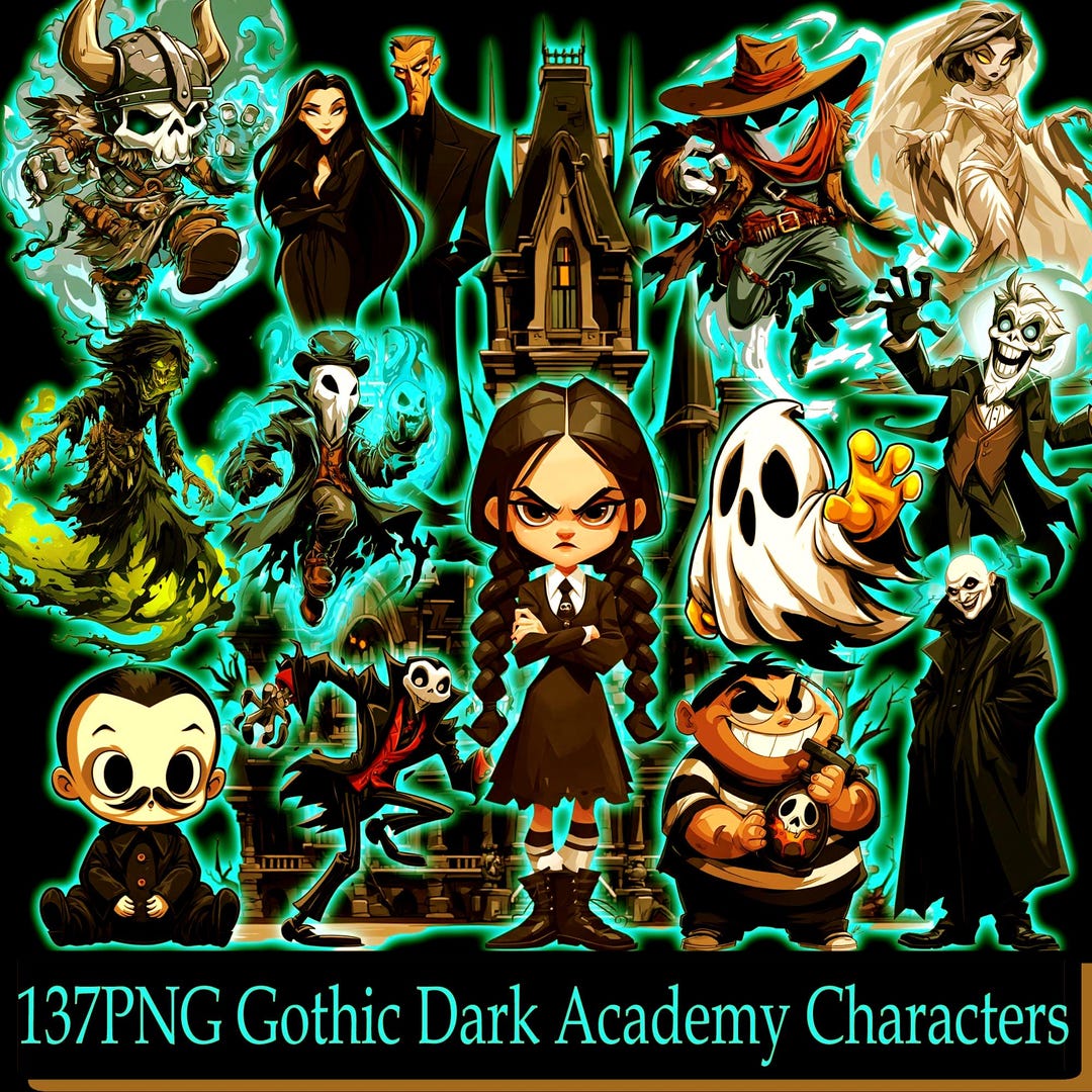 Gothic Dark Academy Characters PNG Bundle | Mysterious Cartoon Students ...