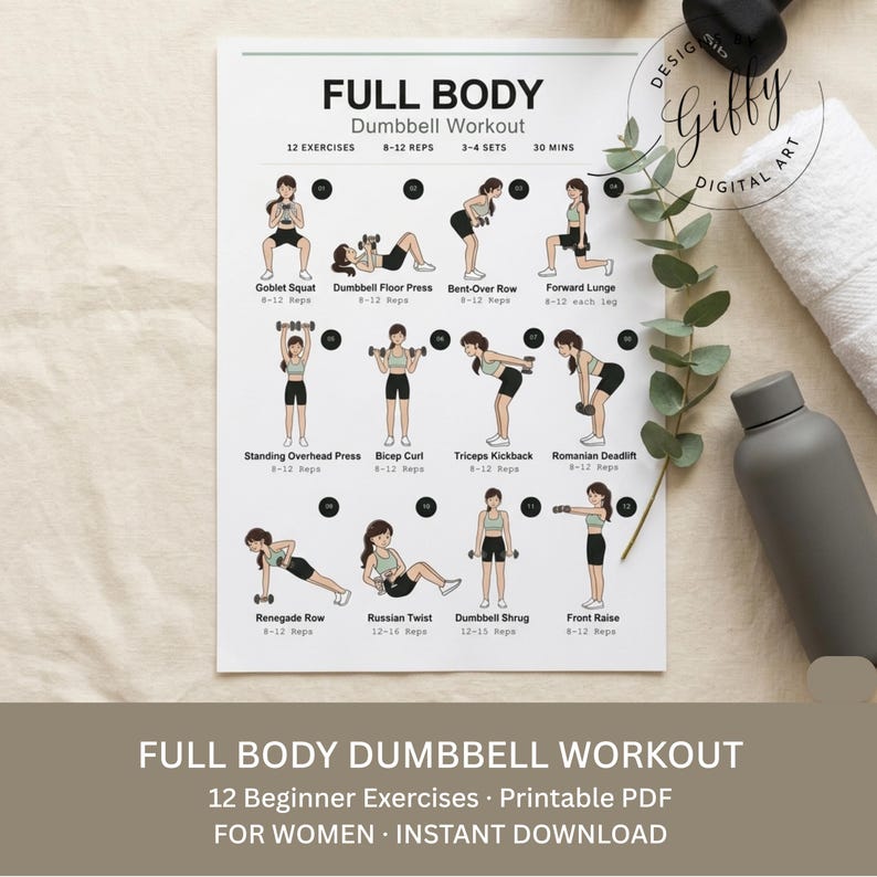 Full Body Workout Plan for Women, Dumbbell Strength Routine, Printable ...
