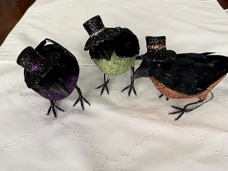 Vintage Set of Halloween Crow Figurines With Top Hats & Real Feathers ...
