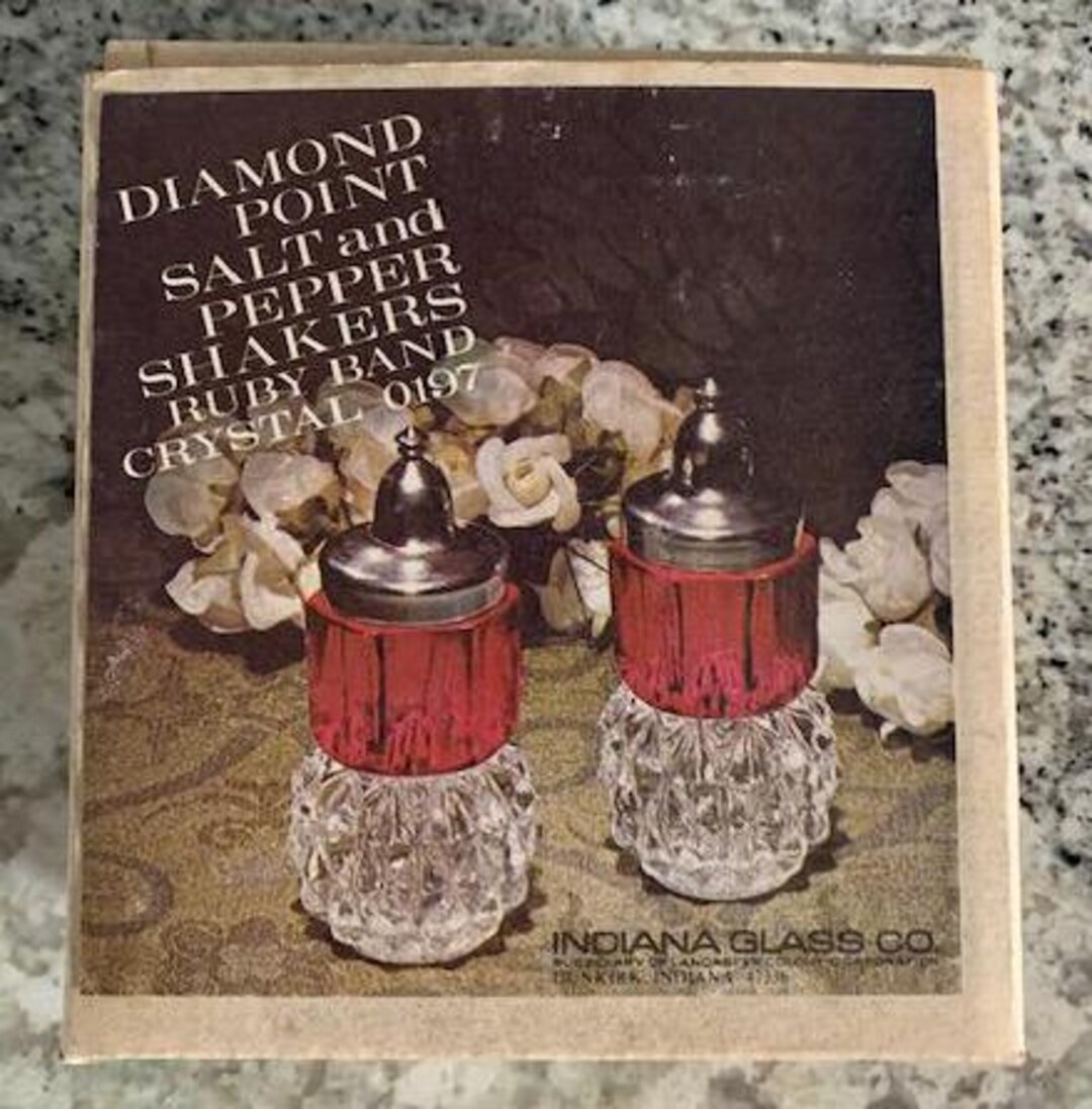 Indiana Glass Diamond Point Crystal With Ruby Band Salt and Pepper Set ...
