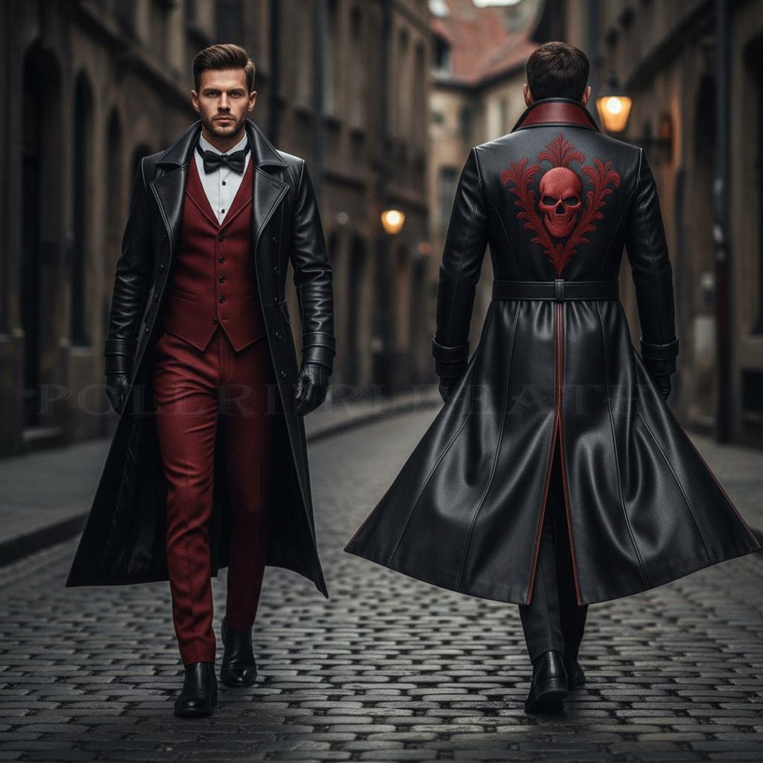 Gothic Vampire Trench Coat – Black With Red Skeleton Design, Full ...