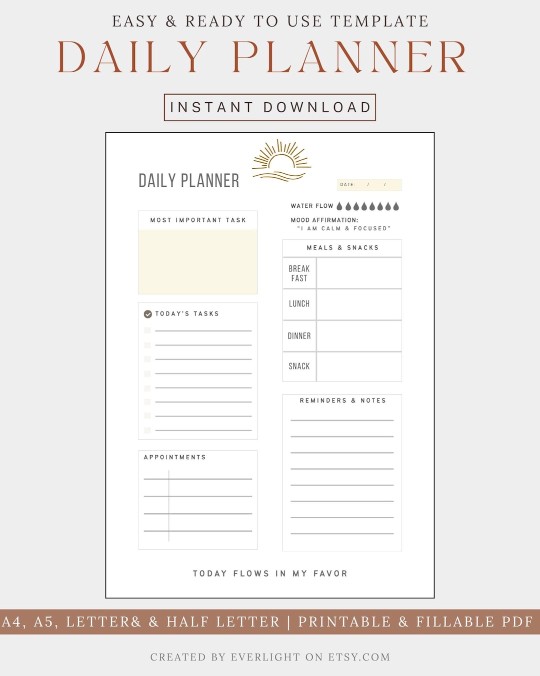 Mindful Daily Planner | Fillable, Printable PDF (A4, A5, Letter Sizes ...